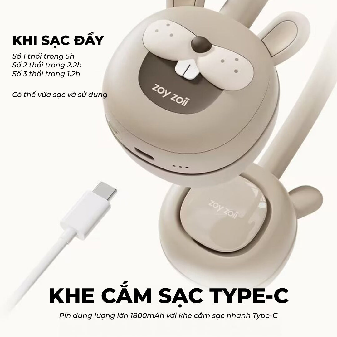 Quạt đeo cổ cho bé Zoyzoii hình thú F18, sạc USB type C